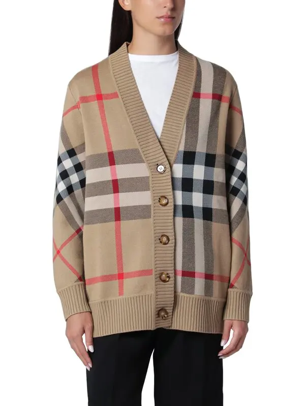 Burberry Check Cardigan In Wool Blend - Beige