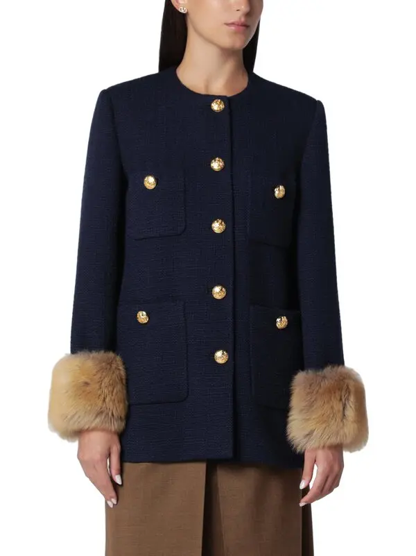 Valentino Garavani Navy Wool Tweed Peacoat With Shearling Cuffs - Blue