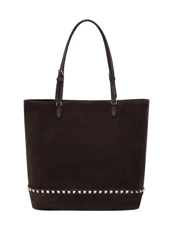 Valentino Garavani Medium Rockstud Shopper Bag In Ebony And Black Suede - Brown