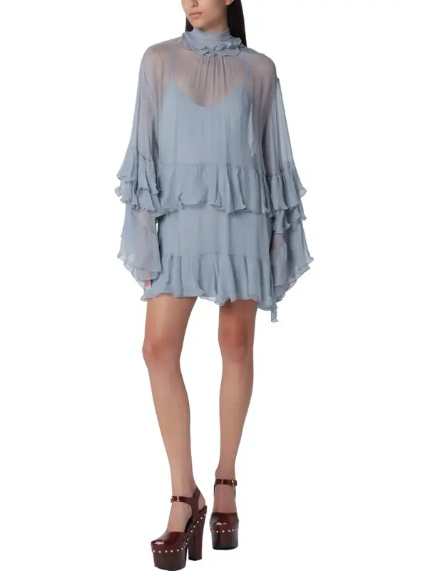 Chloé Silk Mousseline Ruffle Mini Dress - Light Blue