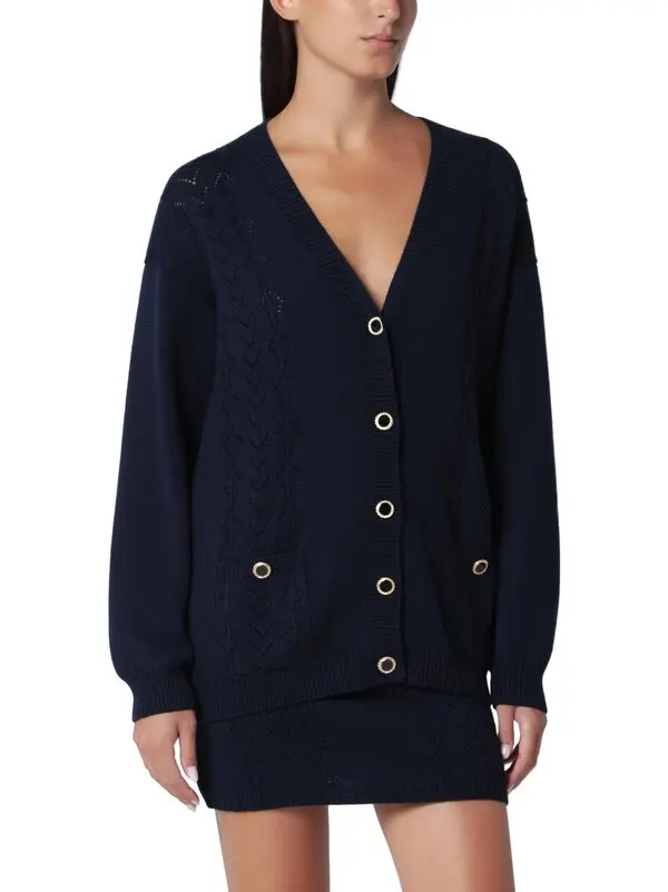Alessandra Rich Navy Merino Wool Knit Cardigan - Blue