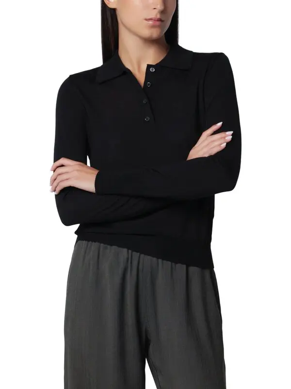 GOLDEN GOOSE Virgin Wool Long-sleeved Polo Shirt - Black