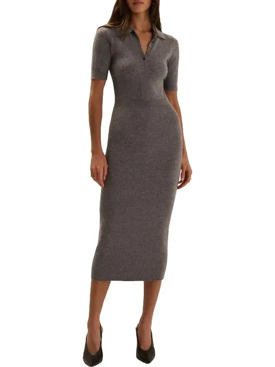 FAVORITE DAUGHTER Ribbed Knit Midi Dress With Spread Collar - Heather Grey