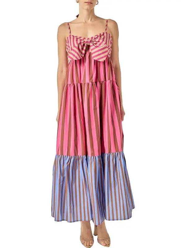 English Factory Stripe Bow Sleeveless Tiered Maxi Dress - Multi Pink