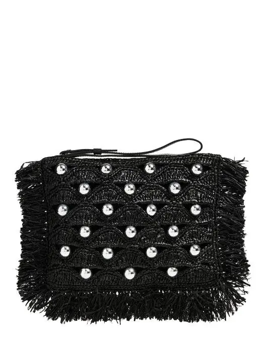 Rabanne Bead Embellished Woven Raffia Pouch Wristlet - Black/silver