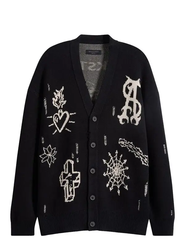 ALLSAINTS Staged Intarsia Organic Cotton Button Front Cardigan - Black/ecru White