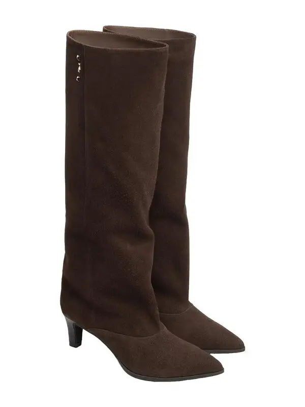 NEROGIARDINI Knee High Suede Boots With Kitten Heel And Pointed Toe - Chocolate