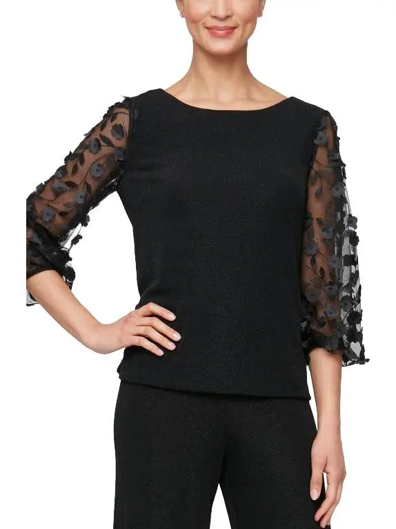 Alex Evenings Metallic 3d Embroidered Top - Black