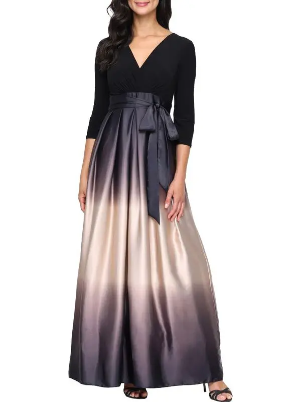 SL FASHIONS Jersey Bodice Ombré Satin A-line Gown - Blk/cha