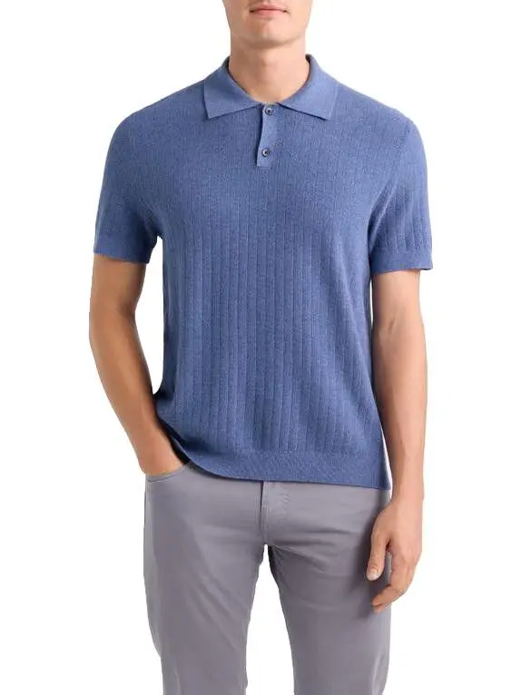 Nordstrom Short Sleeve Ribbed Cotton & Cashmere Polo Sweater - Blue Moonlight Heather