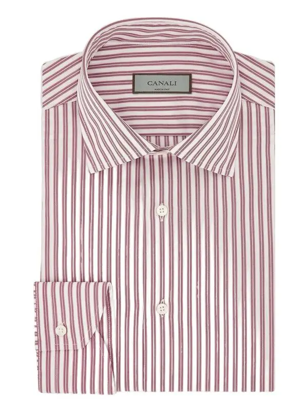 Canali And Burgundy Cotton Double-striped Regular-fit Shirt - White