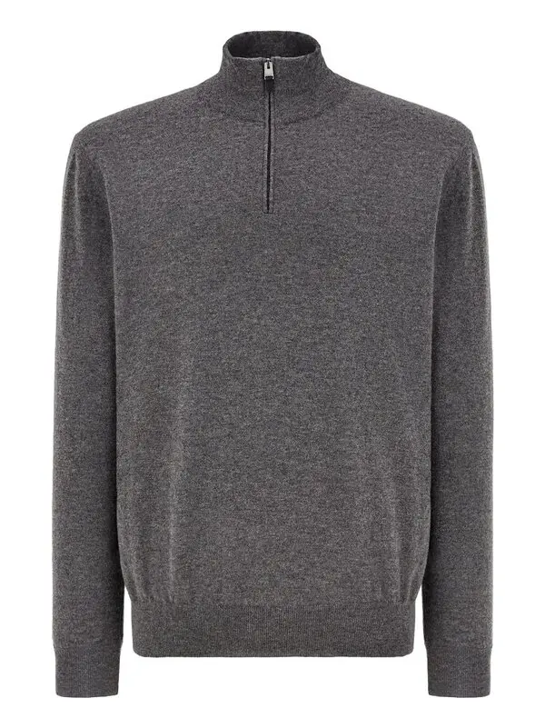 Canali Charcoal Cashmere Mock Neck Zip Sweater - Grey