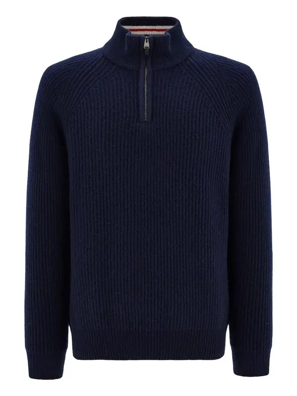 Canali Navy Cashmere English Rib Zippered Mock Neck Sweater - Blue