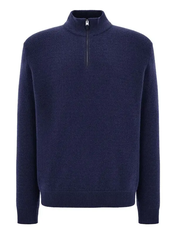Canali Wool And Cashmere Mock Neck Sweater With Nubuck Inserts - Blue