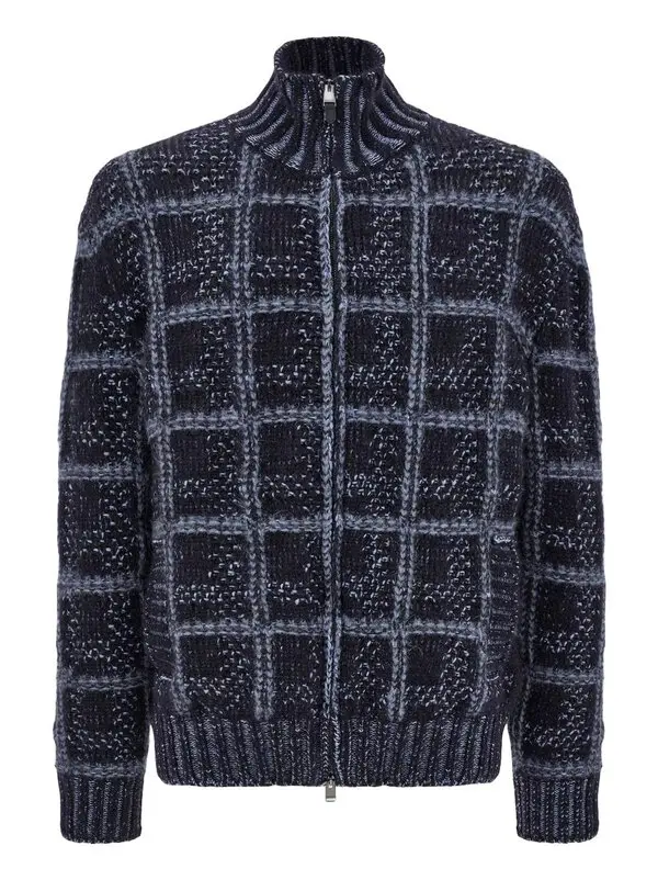 Canali Alpaca And Wool Macro-check Cardigan - Blue