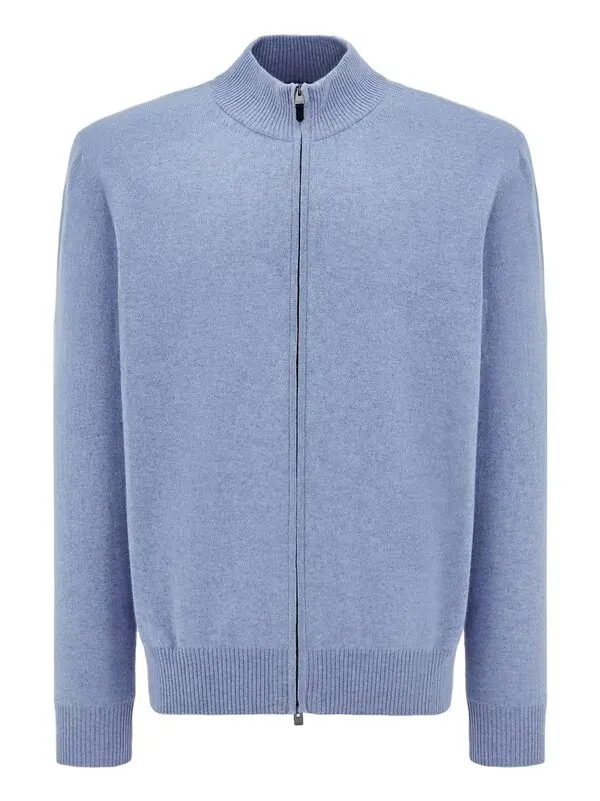 Canali Full-zippered Cardigan In Wool And Cashmere - Light Blue