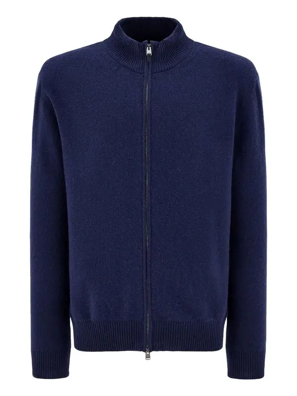 Canali Navy Wool And Cashmere Full-zippered Cardigan - Blue
