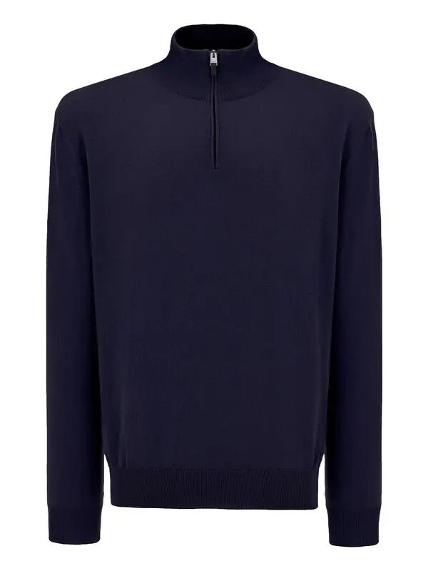 Canali Navy Cashmere Zippered Mock Neck Sweater - Blue