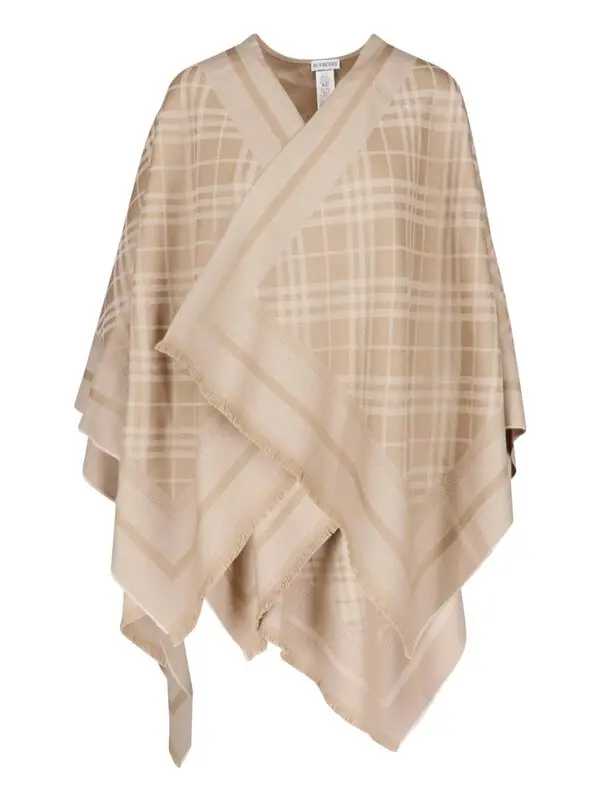 Burberry Checked Poncho Cape With Fringe Trim - Beige