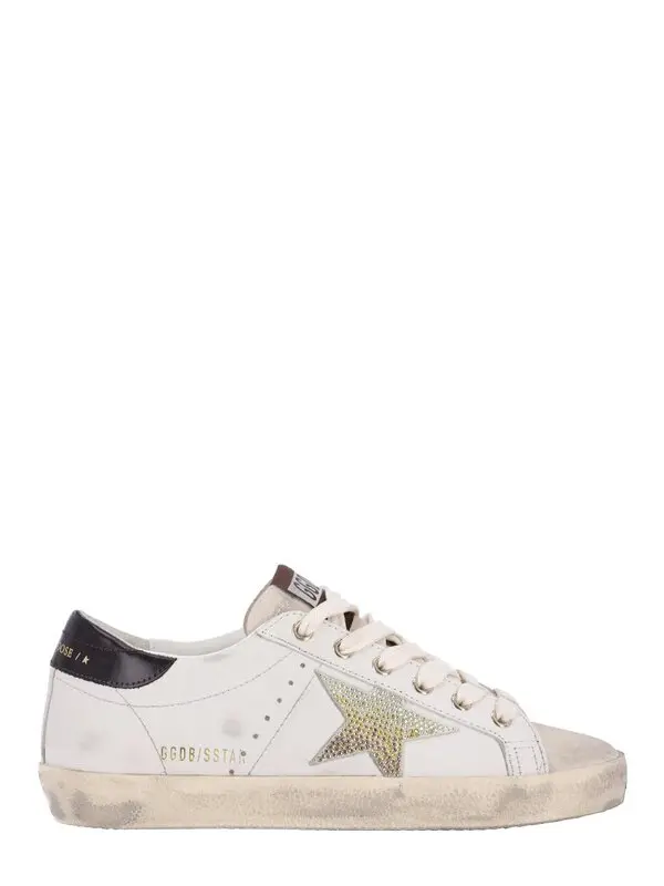 GOLDEN GOOSE Low-top Distressed Leather Sneakers With Rhinestone Star - White