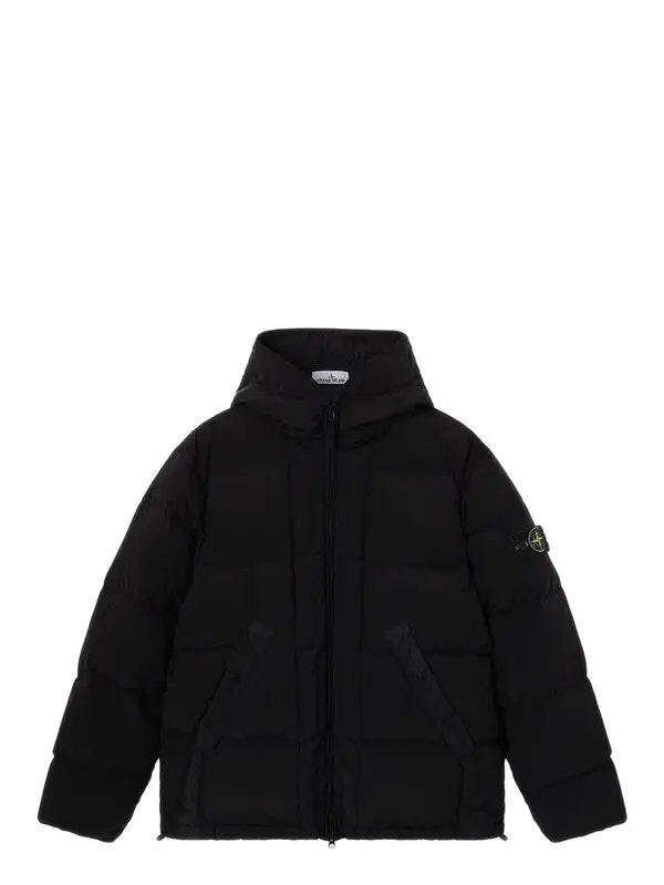 Stone Island Hooded Down Jacket With Zip Closure And Sleeve Badge - Nero