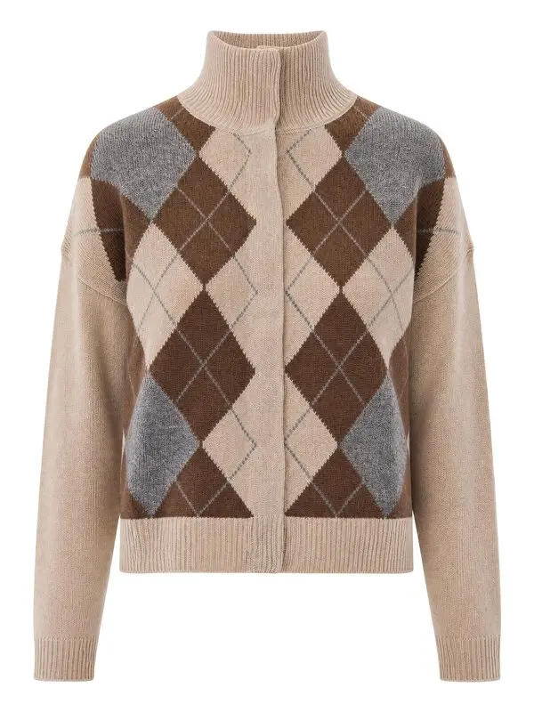 Max Mara Argyle Knit Turtleneck Cardigan - Ecru