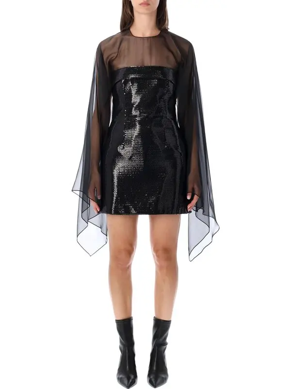 Alberta Ferretti Sequin Mini Dress With Sheer Chiffon Cape - Nero