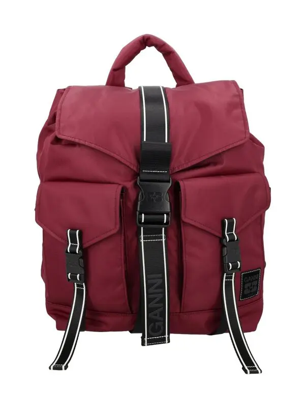 GANNI Padded Backpack With Buckle Front Straps - Bordeaux
