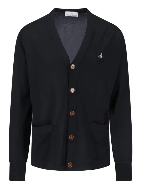VIVIENNE WESTWOOD V-neck Button-front Cardigan With Embroidered Logo - Black