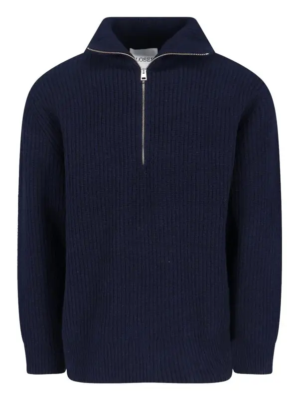 Closed Ribbed Half-zip Mock Neck Sweater - Blue