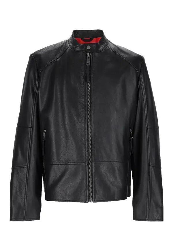 Hugo Leather Zip-front Jacket With Stand Collar - Black