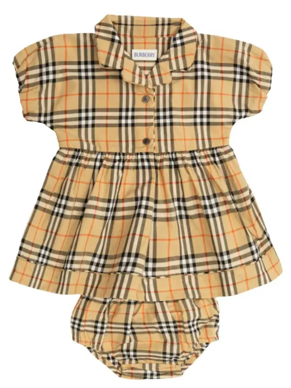 Burberry Plaid Cotton Dress And Bloomer Set - Beige