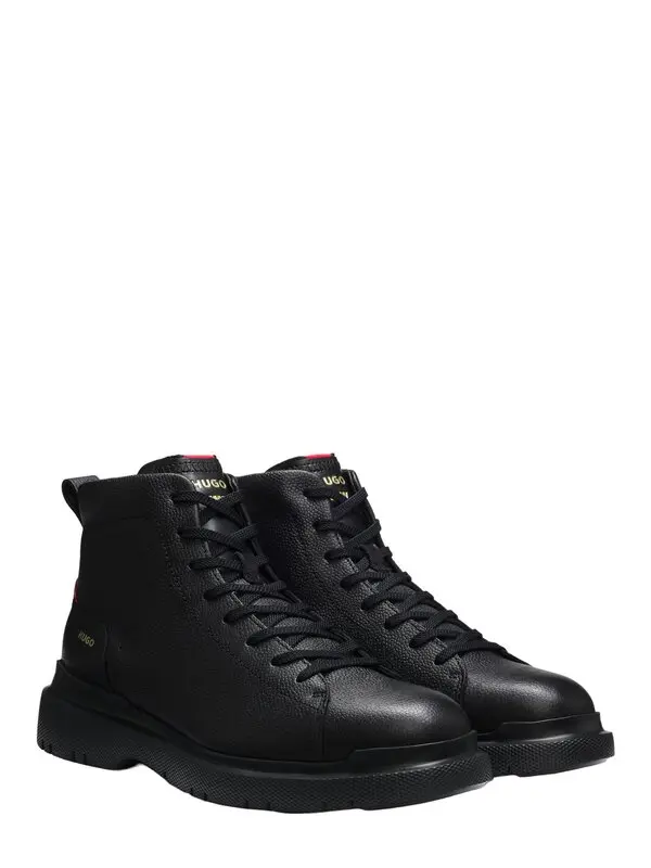 Hugo Grained Leather Lace-up Boots With Embossed Logo - Black