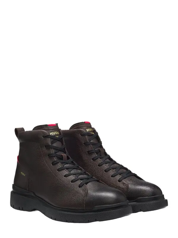 Hugo Grained Leather Lace-up Boots With Embossed Logo - Dark Brown