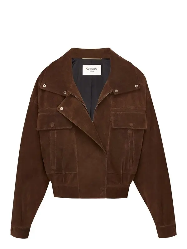 Saint Laurent Suede Funnel Neck Bomber Jacket - Brown