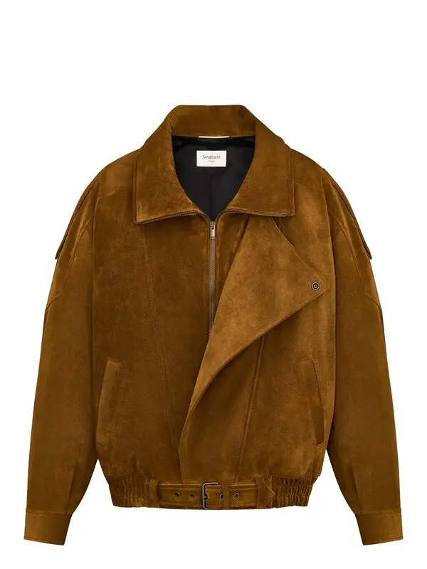 Saint Laurent Suede Belted Bomber Jacket - Brown