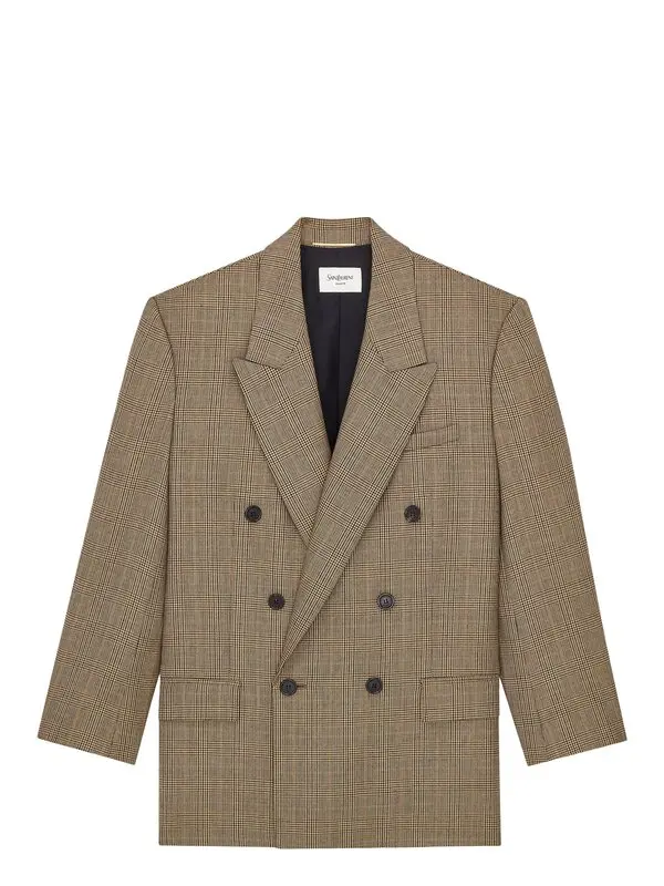 Saint Laurent Wool Check Double-breasted Blazer - Brown