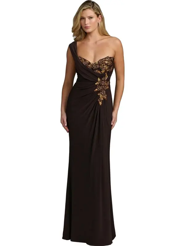 Mac Duggal Brown One Shoulder Embellished Jersey Gown - Chocolate