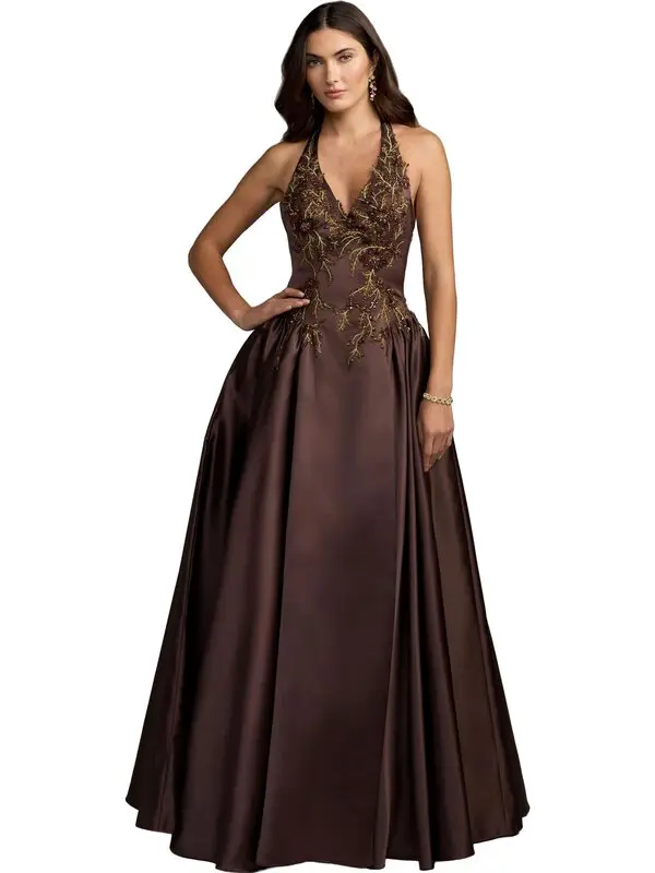 Mac Duggal Brown Halter Neck Floral Embroidered Satin A-line Gown - Chocolate