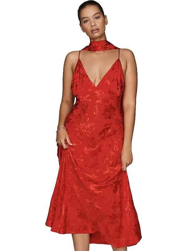 Maeve Clara Scarf-neck Jacquard Midi Dress - Red