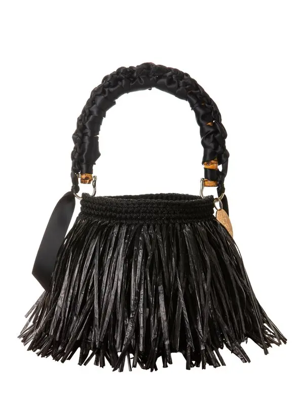 SPEIRA Bucket Bag With Raffia Fringes And Twisted Handle - Black