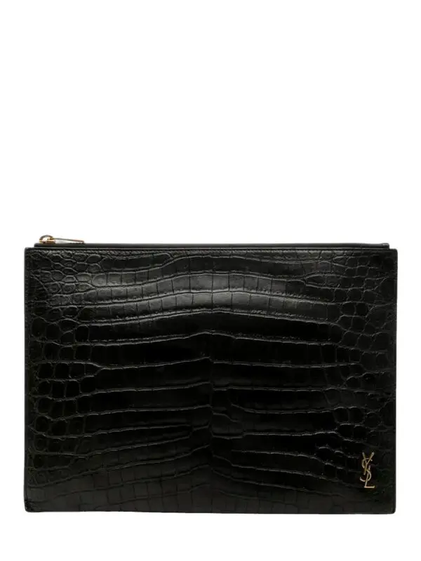 Saint Laurent Croc Embossed Leather Monogram Zipped Tablet Holder Clutch Bag - Black