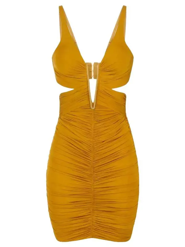 Elisabetta Franchi Sleeveless Mini Dress With Cut-outs And Embellished Neckline - Yellow