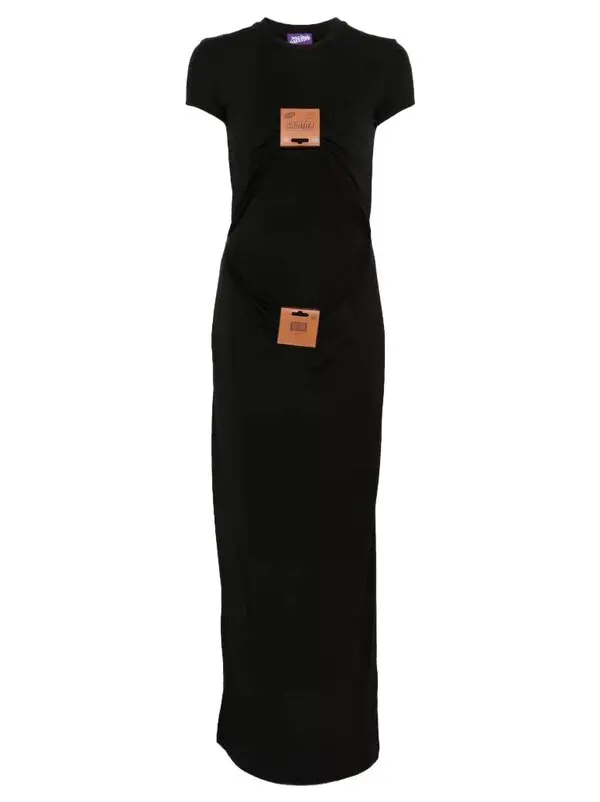 JEAN PAUL GAULTIER Jersey Draped Maxi Dress With Leather Tag Detail - Black