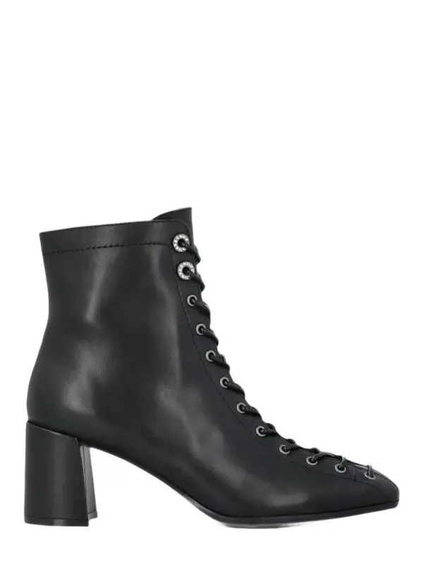 Pinko Lace-up Leather Ankle Boots With Crystal Embellished Eyelets - Black
