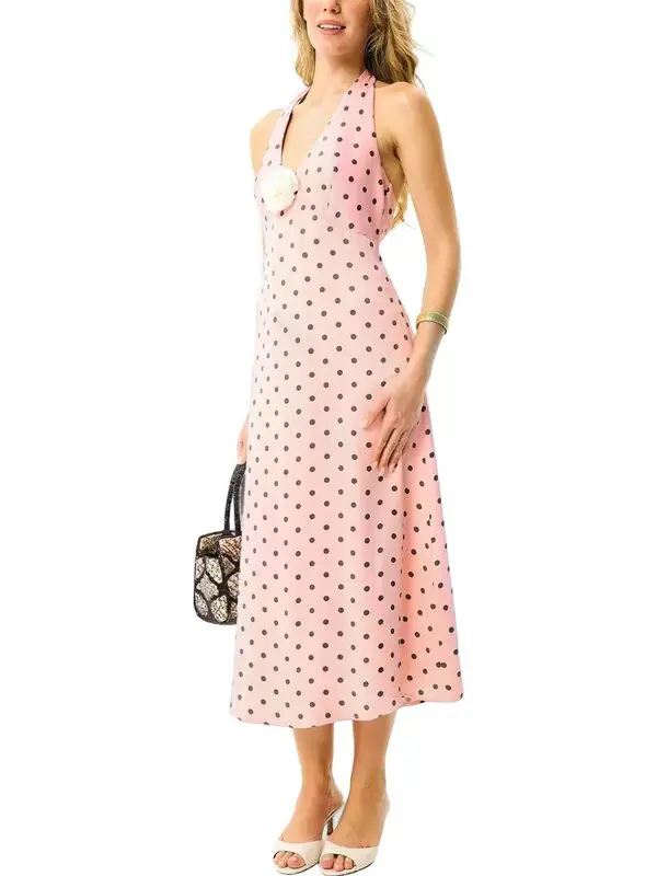 Sleeper Jardin Polka-dot Halterneck Midi Dress - Pink