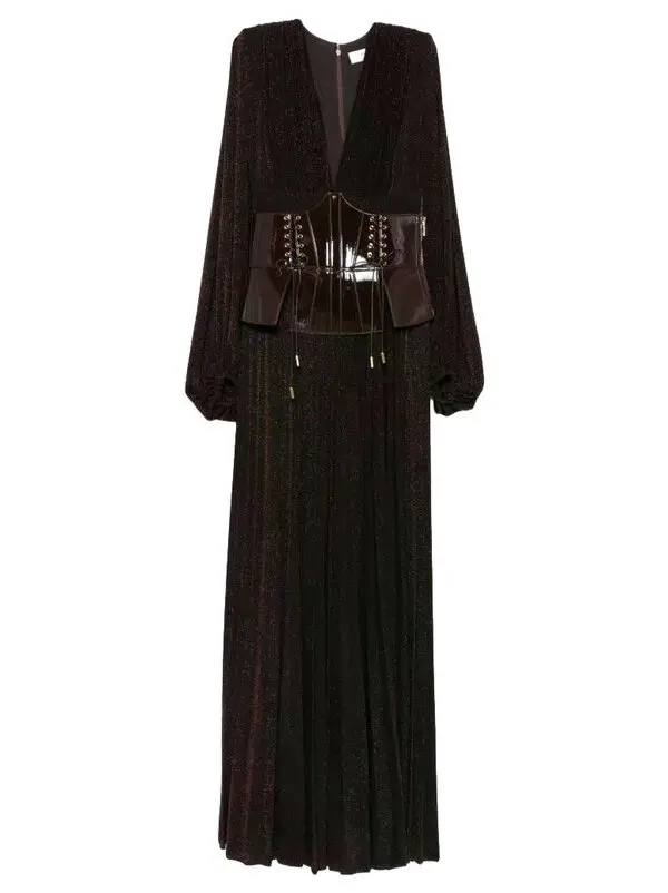 Elisabetta Franchi V-neck Maxi Dress With Corset Detail - Brown