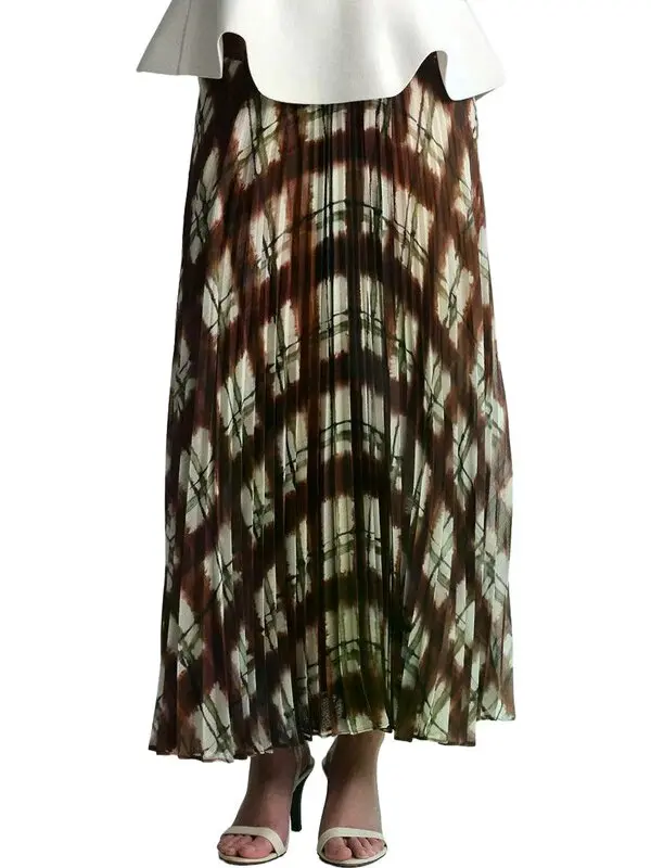 Cara Cara Pleated Plaid Maxi Skirt - Brown