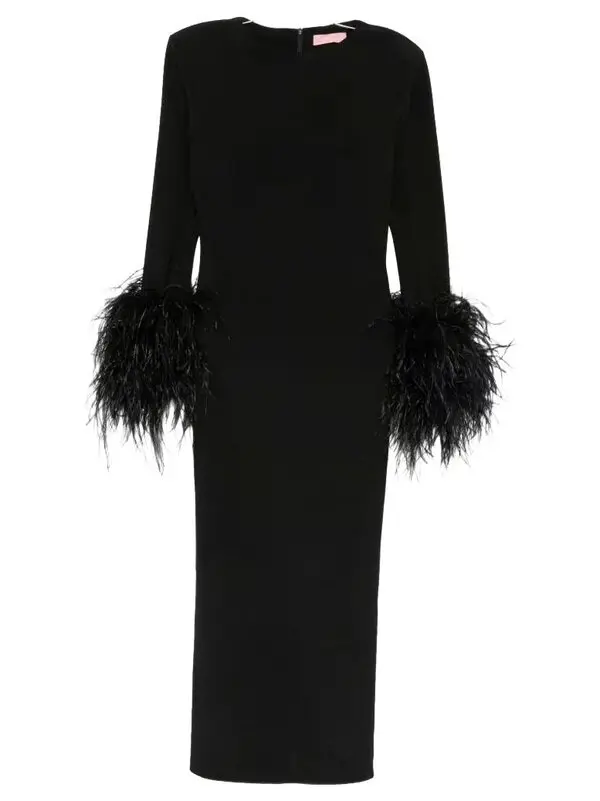 TWENTY FOURHAITCH Feather-trim Long-sleeve Midi Dress - Black