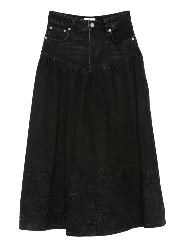 GANNI Embroidered Denim Midi Skirt - Black
